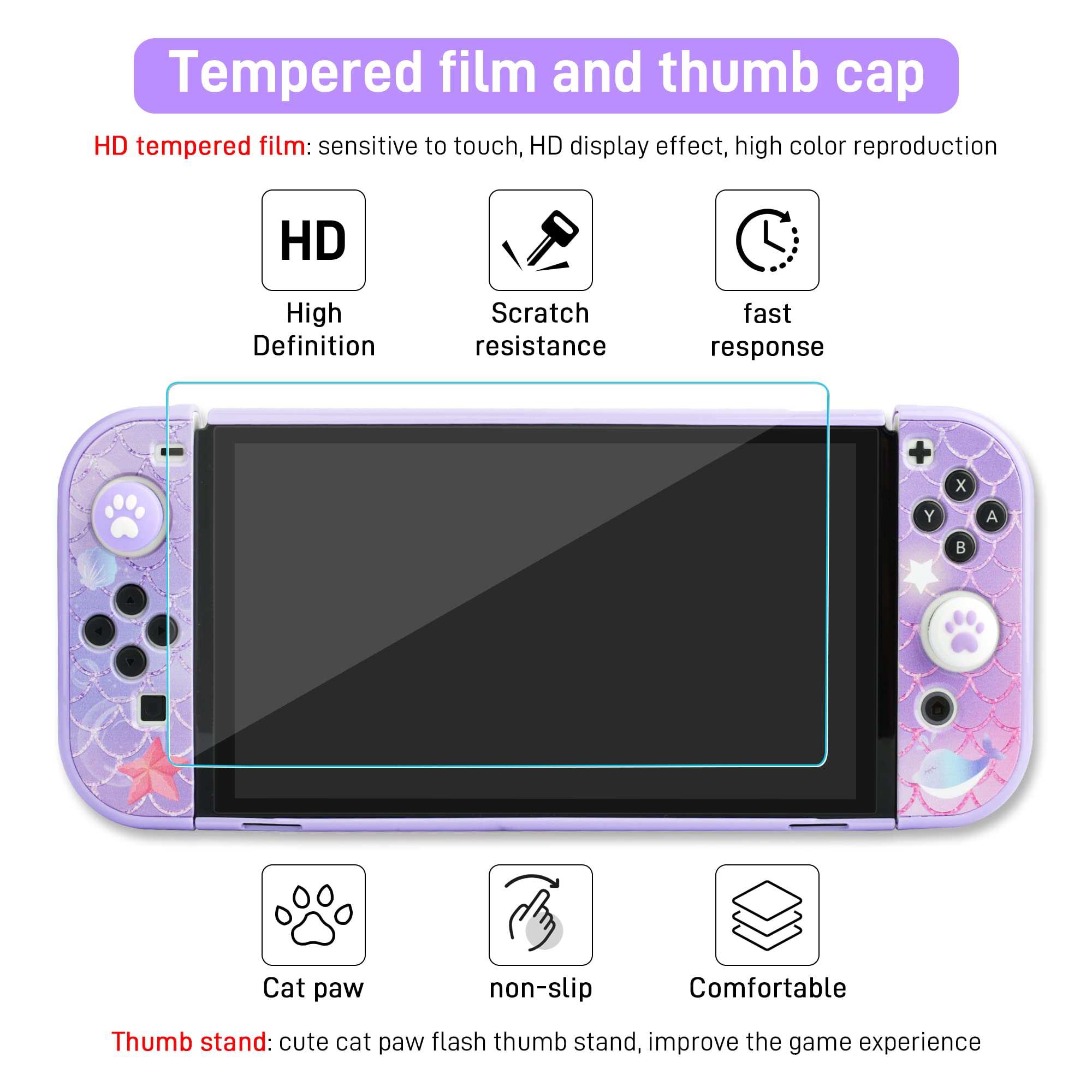 FANPL Case bundle for Nintendo Switch OLED Accessories, Cute Carrying Case for Switch OLED and Joy Con with Hard Flip Protective Cover and Screen protector, 2 Thumb Grips, Shoulder Strap (Purple)