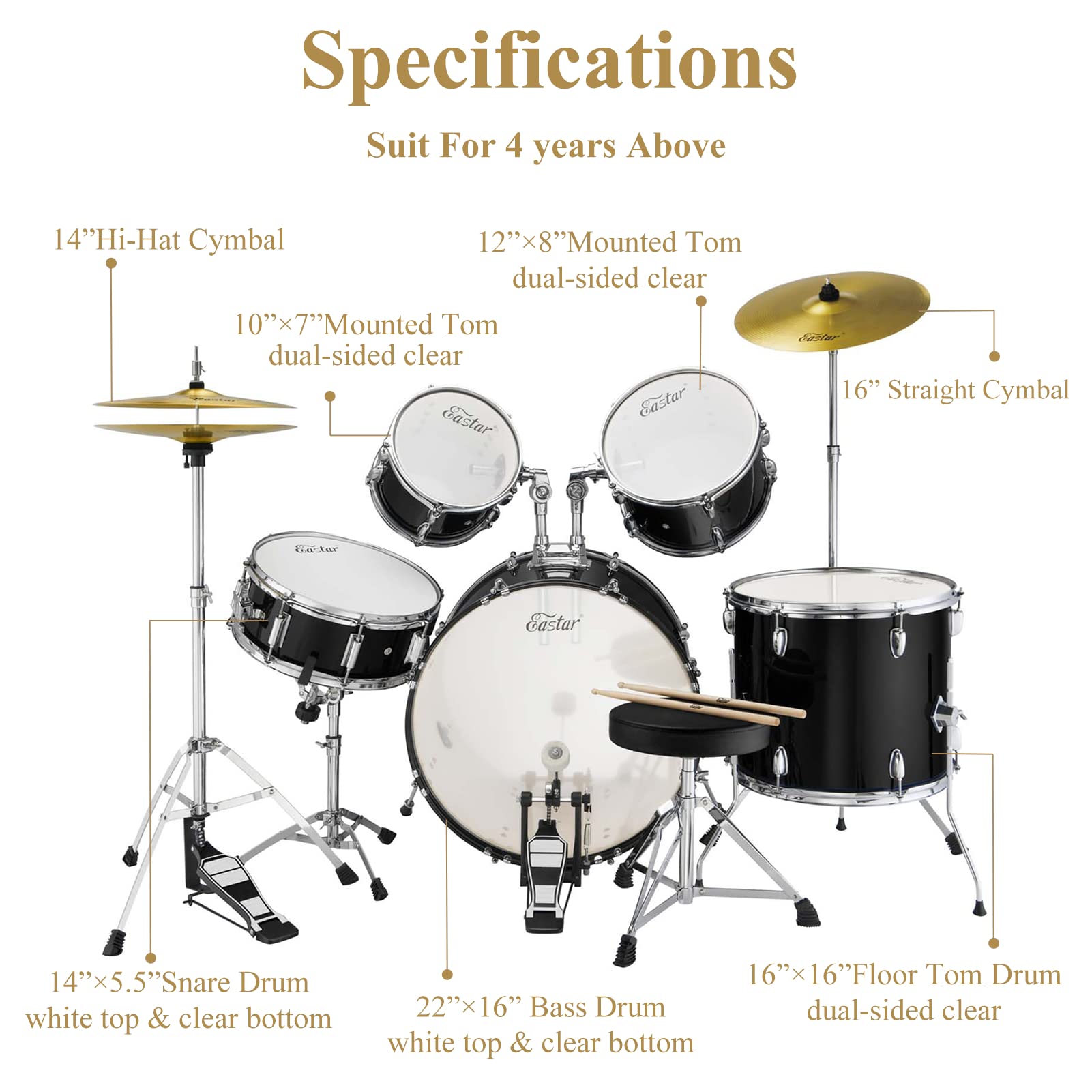 Drum Set Eastar 22 inch for Adults, 5 Piece Full Size Drum Kit Junior Beginner with Pedal Cymbals Stands Stool and Sticks, Mirror Black