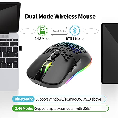 GreenPoster Computer Mice for Laptop Mouse Gaming Pointing Device Wireless 2.4G Bluetooth Luminescent for Games 6 Keys Lights Can Be Turned Off,Black,129x66x39mm