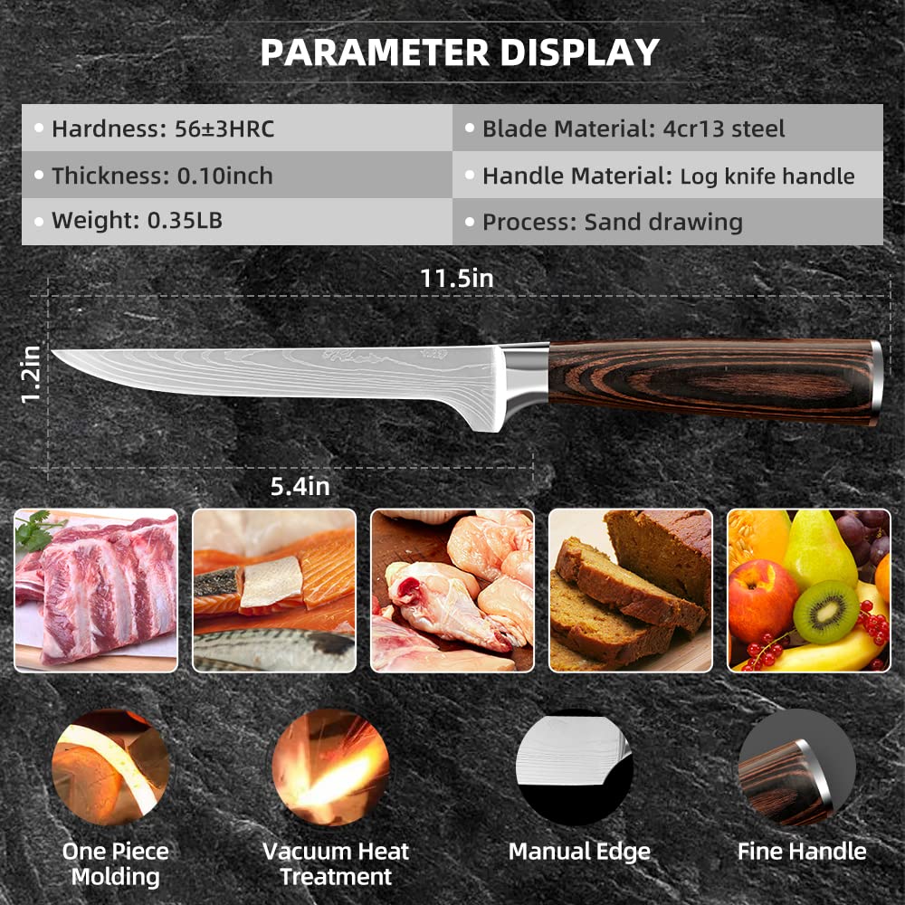 Fseoot Boning Knife Japanese High Carbon Stainless Steel Deboning Knife Professional Kitchen Chef Knife for Meat Fish Poultry Chicken with Ergonomic Handle (Brown)
