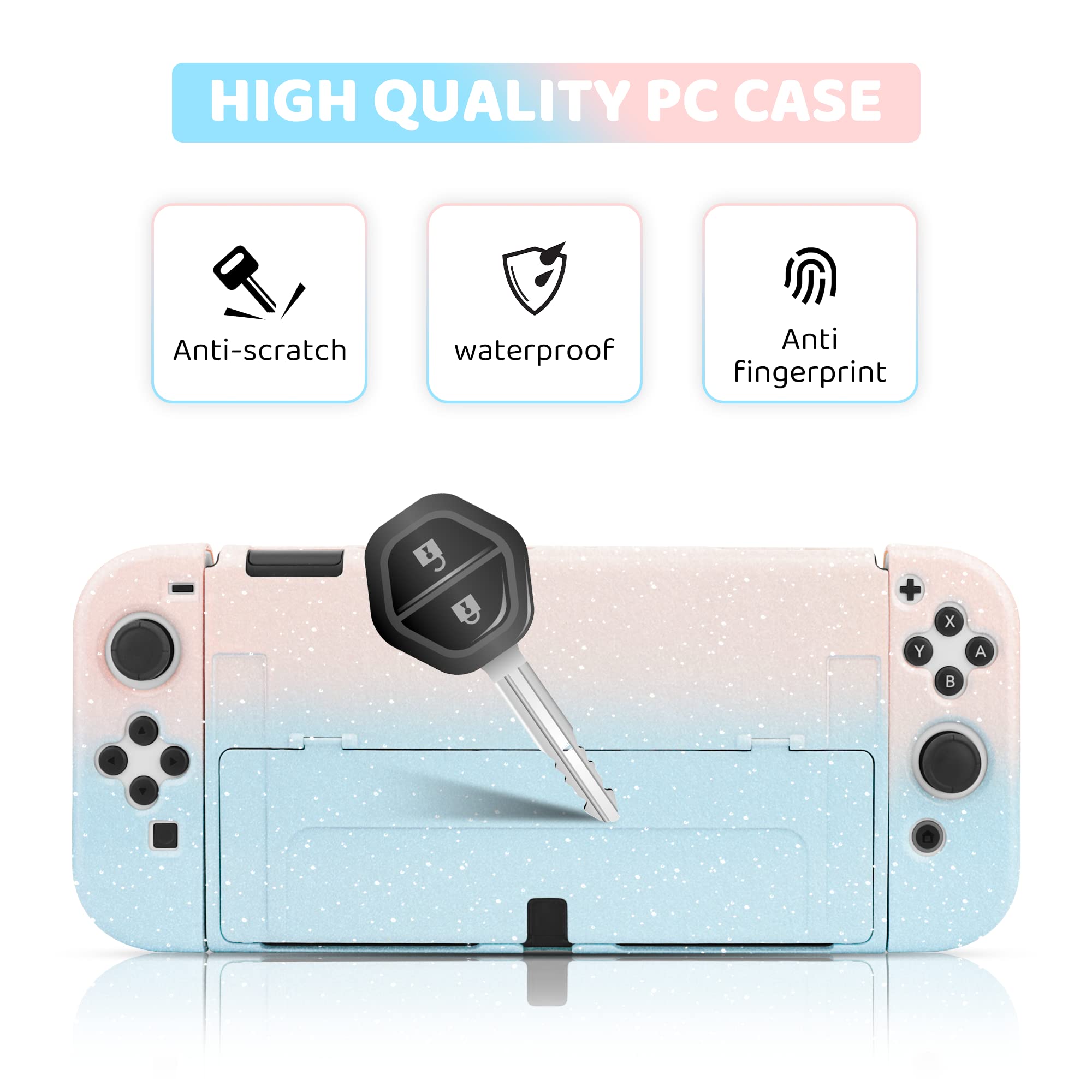 GLDRAM Glitter Pink-Blue Protective Case for Nintendo Switch OLED, Cover for Switch OLED Console and Joycon Controller, Dockable Hard Shell Anti-scratch with 2 Thumb Grip Caps for Girl