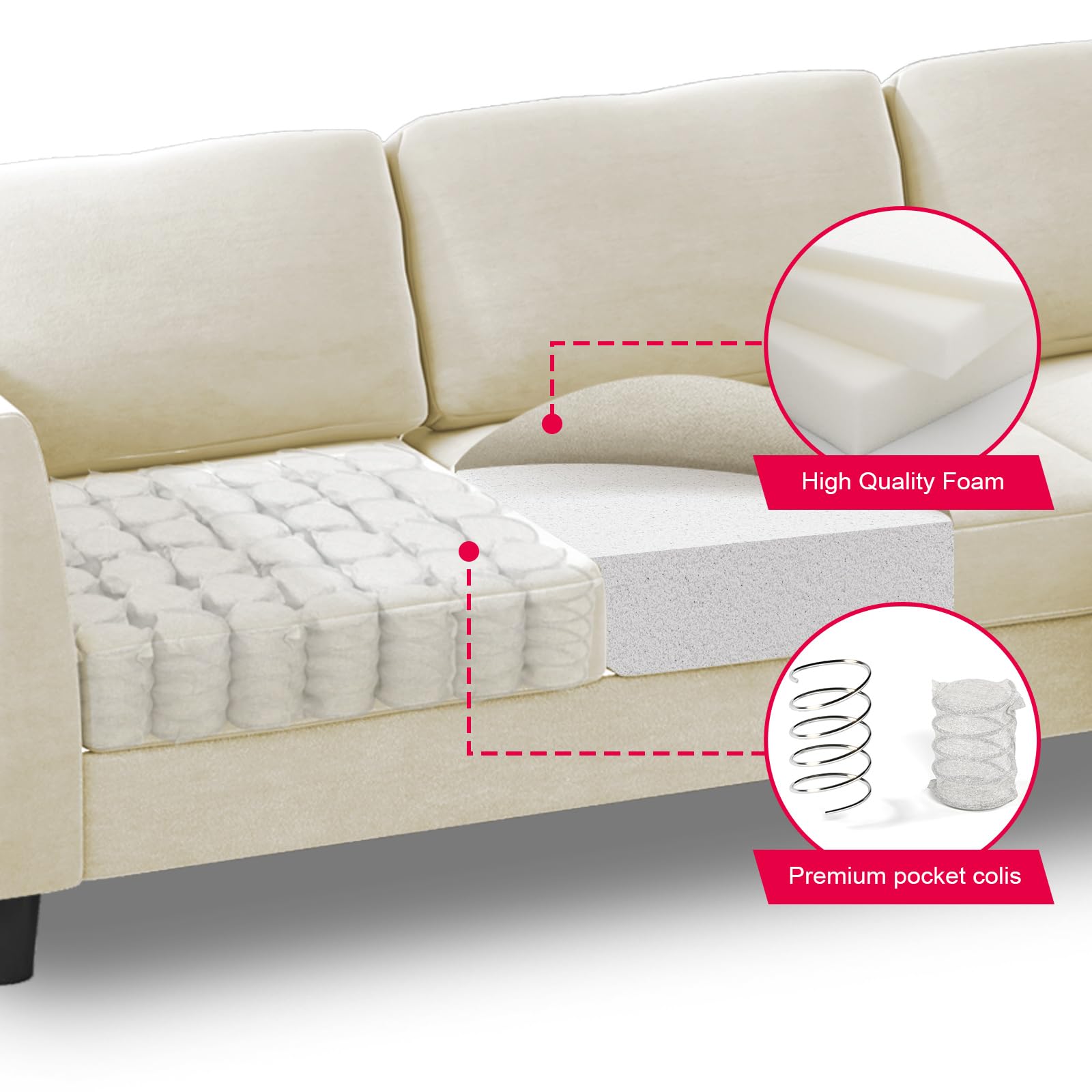 MUZZ 87'' Modern L-Shaped Sofa,Velvet Oversize Sectional Sofa with High-Density Sponge,Sectional Couch Sofa with Reversible Chaise for Couches for Living Room, Apartment,Beige