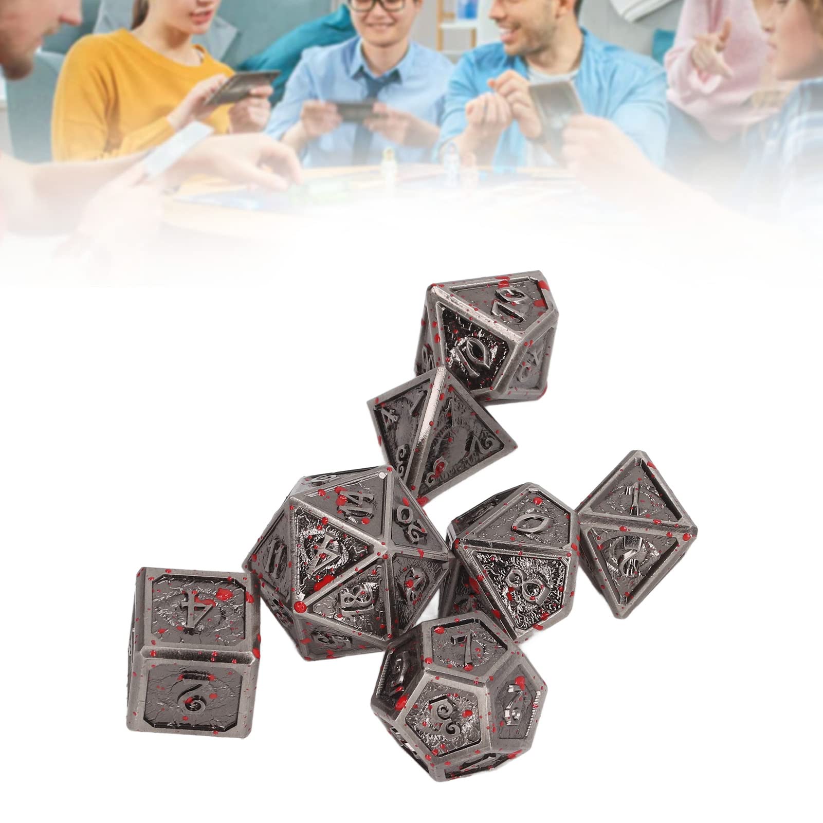 KLEOAD 7PCS Polyhedra Metal Dices Multiple Sides Engraving Number Pattern Dice Set for Table Game, Polyhedral Dice Set, Metal Dice Set for Role Playing Table Games(Electroplated Red Spots)