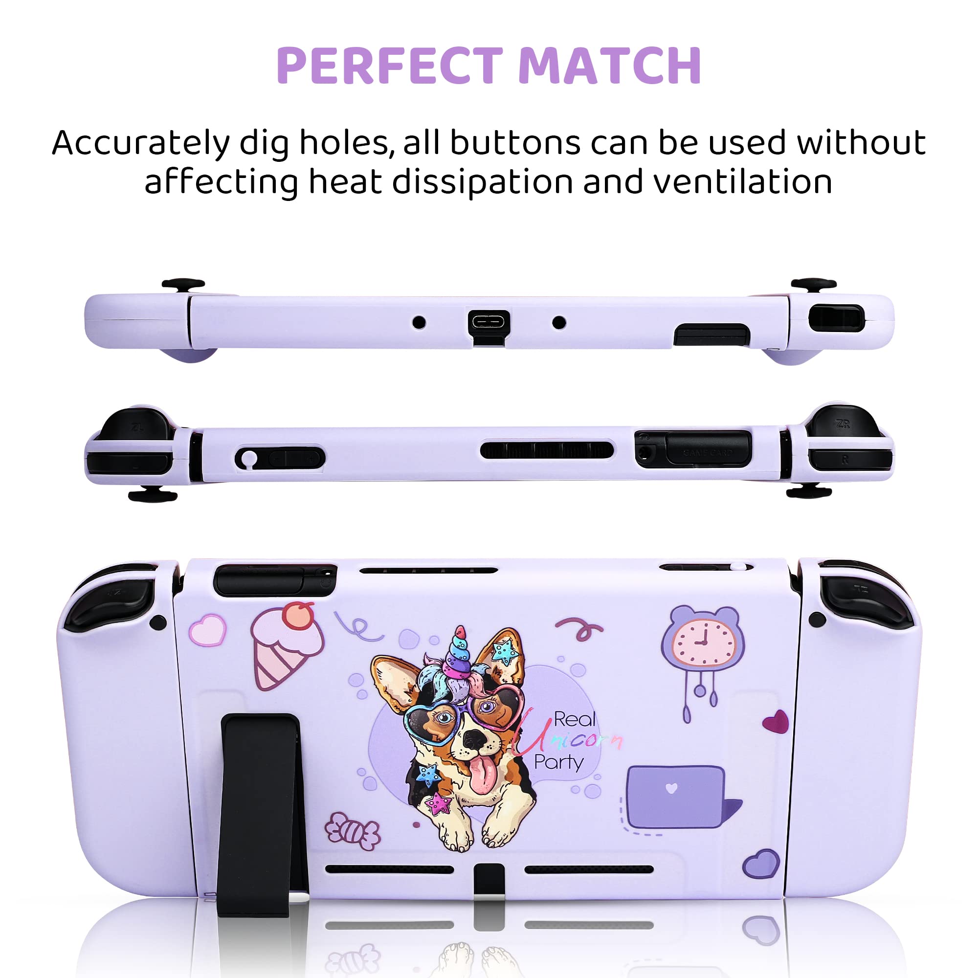 FANPL Cute Protective Case for Nintendo Switch, Hard PC Case Cover Compatible with Switch Console and Joy Con, 2 Purple Glitter Paw Thumb Caps - Purple Corgi Dog Pattern