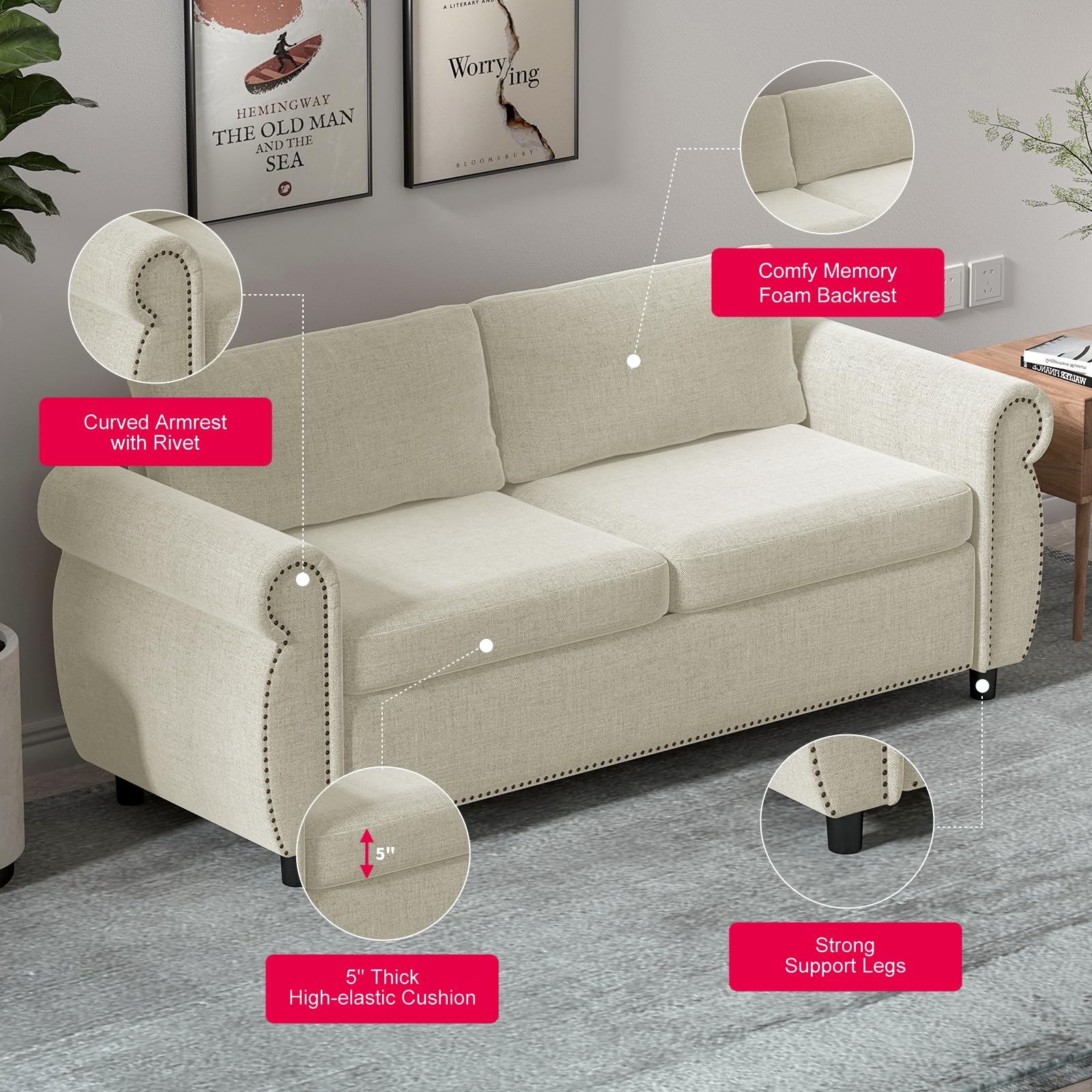MUZZ Pull Out Sofa Bed, Full Sleeper Sofa Couch with 4" Thick Memory Foam Mattress, Modern Linen Sectional Loveseat with Rivet Decoration, Pull Out Couch for Living Room,Office(Grey,Full)