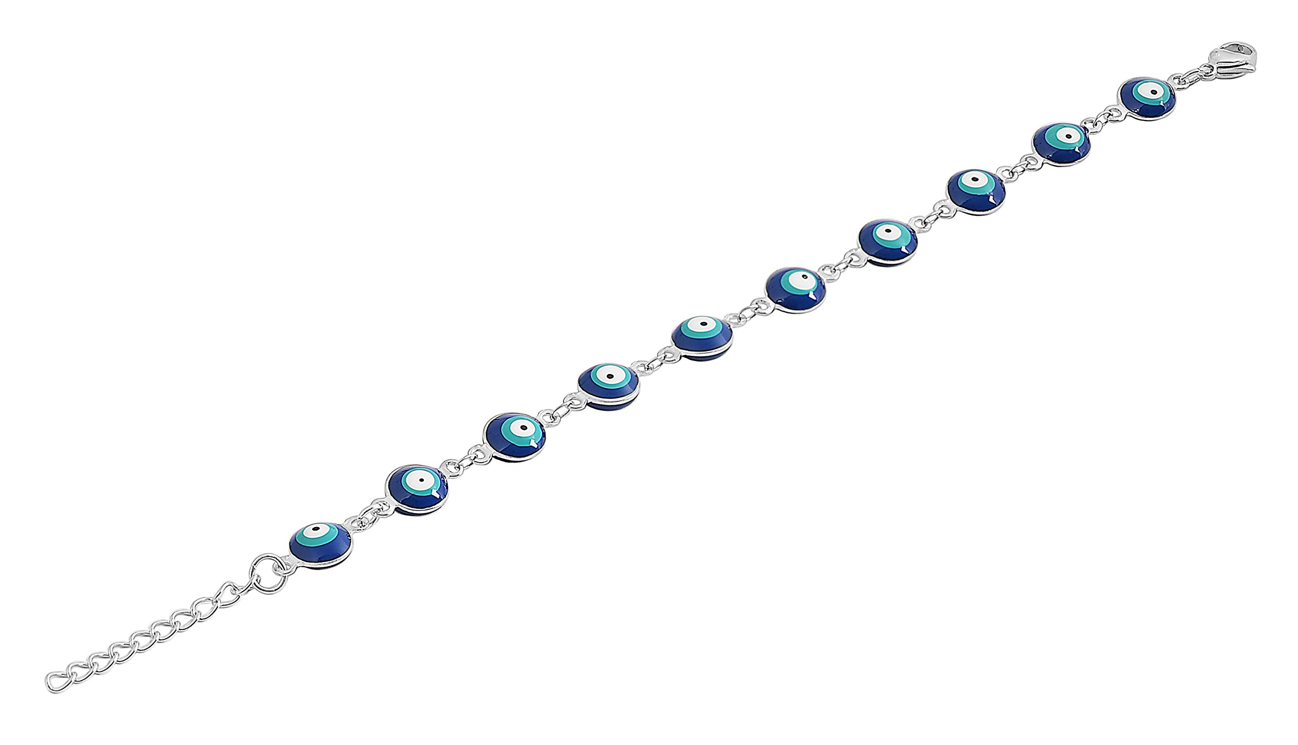 Edforce Stainless Steel Women's Charm Bracelet Green | Gold Enamel Evil Eye Protection Link Chain Adjustable, 8" (Aqua, Silver-and-Stainless-Steel)