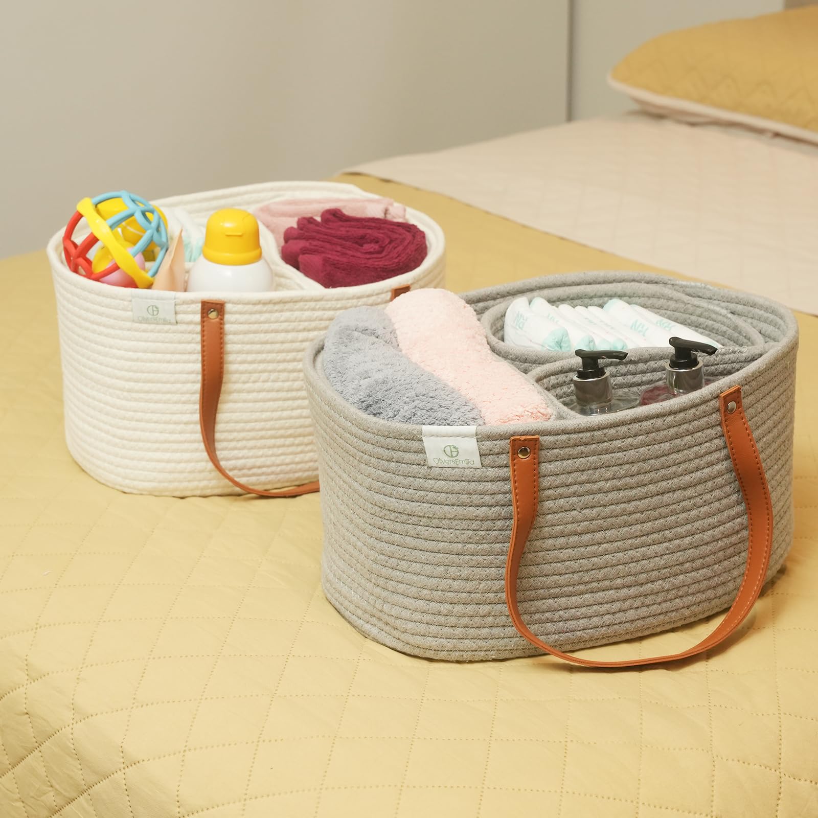 Oliver & Emilia Storage Basket β Portable Small Decorative Woven Cotton Rope Organizer - Leather Handle & Three Removable Bins for Toy, Baby Gift, Laundry, Living Room, Nursery, Towel, Blanket - Grey