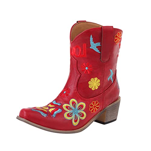 FASDNENDYS Womens Casual Stylish Ankle Boots Comfortable Shoes for Adults Summer Womens Chunky Heel Boots Red