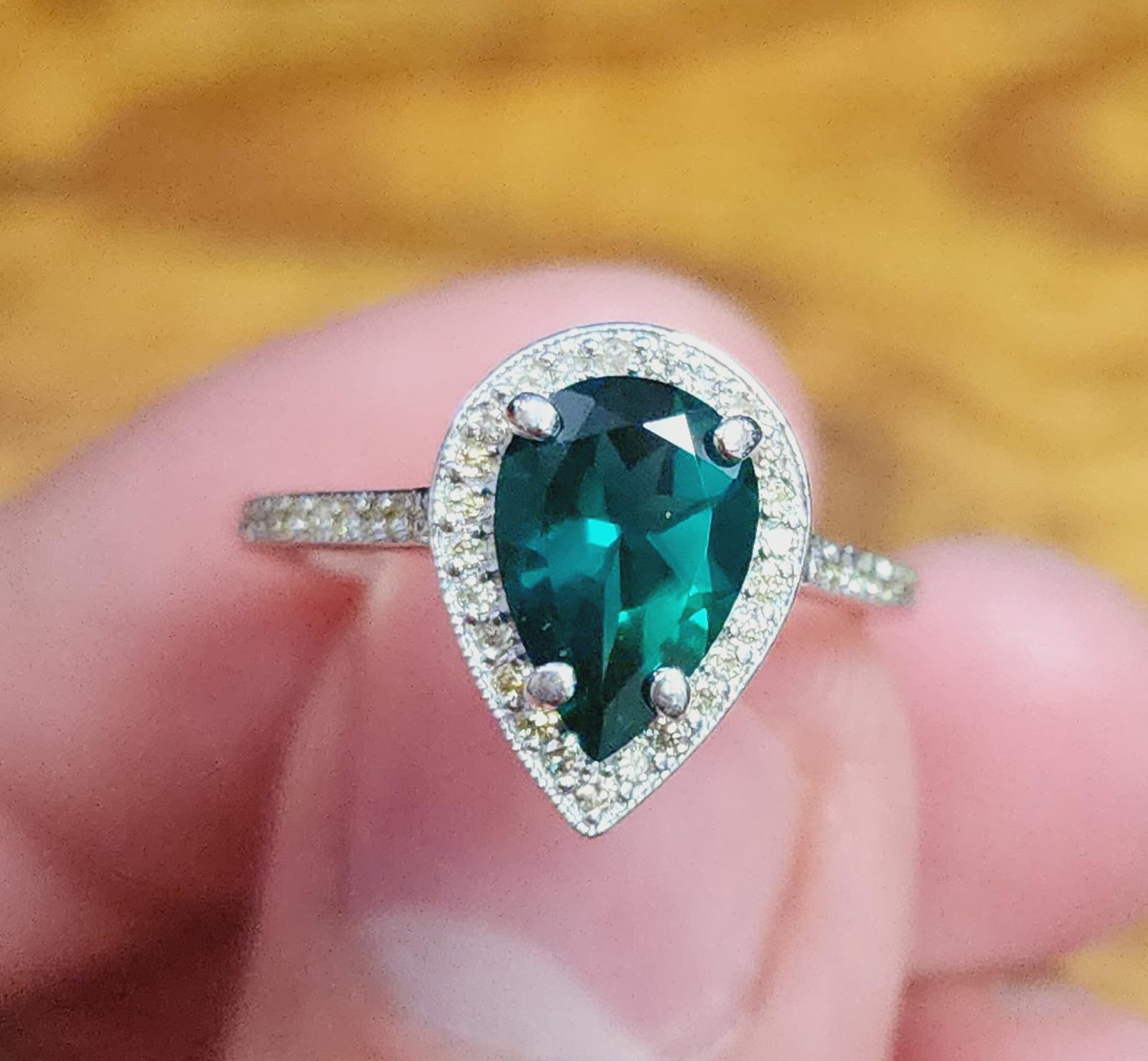 Galaxy Gold GG Stunning 1.69 Carat Total Weight 14K Solid White Gold Emerald and Natural Diamond Halo Ring Brilliant Pear Cut Tear Drop Shape Round Diamonds (6)