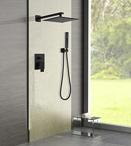 JingGang Matte Black Shower System 12 Inch Bathroom Luxury Rain Mixer Shower Combo Set Wall Mounted Rainfall Shower Head and Handheld System Shower Faucet Set Rough-in Valve Body and Trim Included