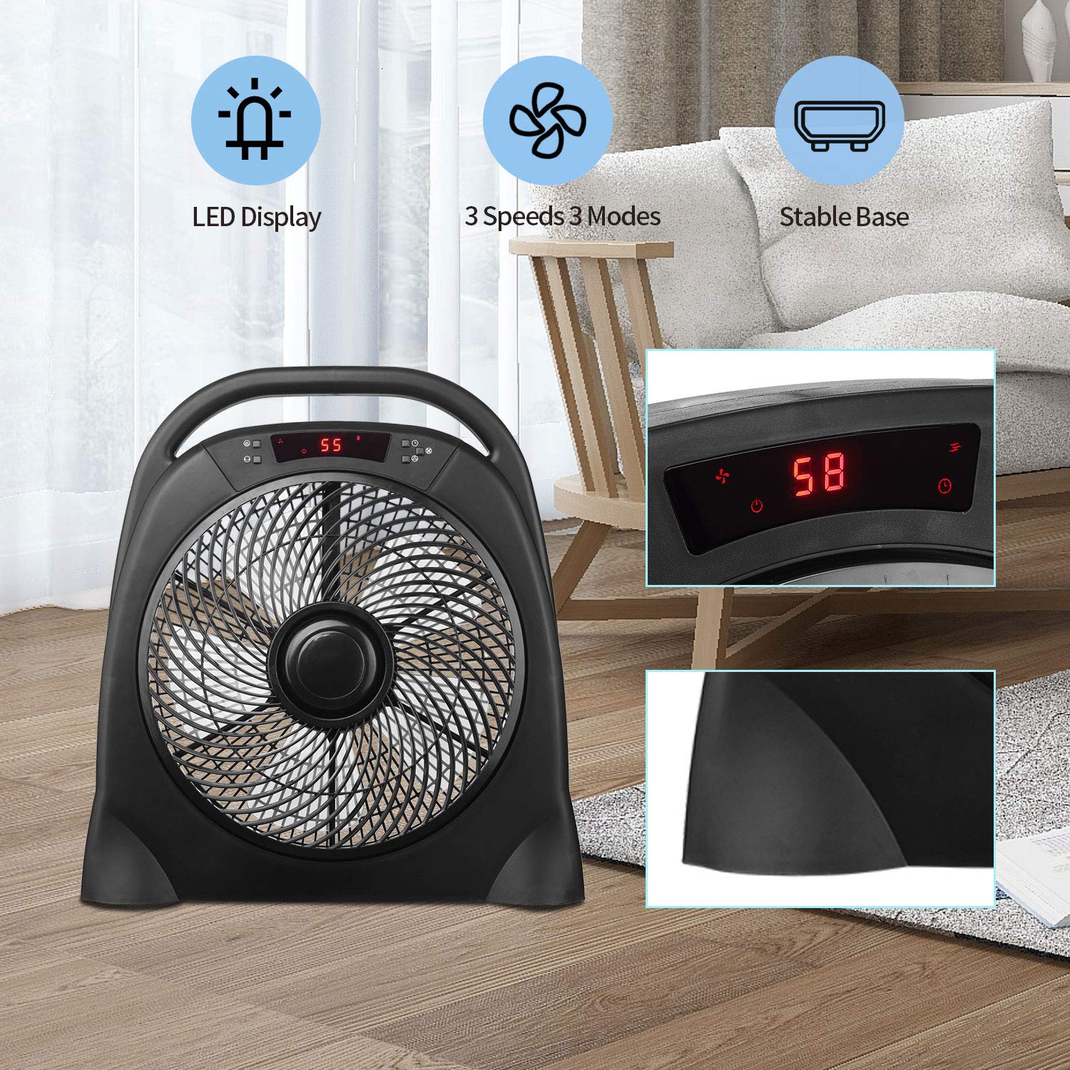 GDY Portable Box Table Fan with Remote Control, 18 Inch Quiet Floor Fan with Adjustable Speeds & Automatic Shutoff Timer