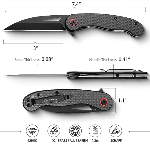 LOTHAR Seagull EDC Pocket Knife with Carbon Fiber Handle and 3" D2 Knife Blade, Ultra Light 2.2oz and Razor Sharp, Slim Pocket Knife Small Folding Utility Knife Mini Box Cutter for Men Women