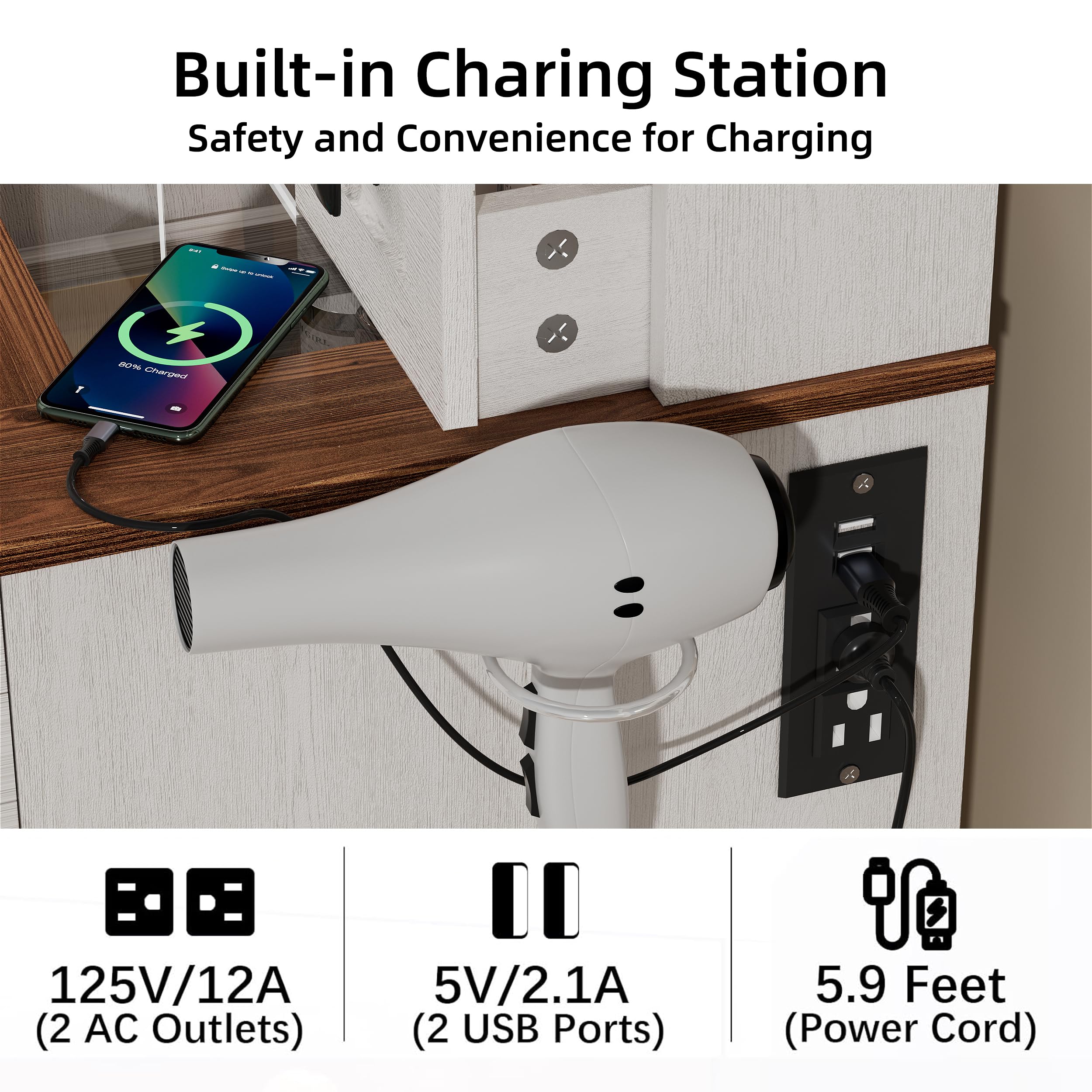 PAKASEPT Vanity Desk with Sliding Mirror and Lights, Glass Tabletop Makeup Vanity with 3 Lighting Modes, White Vanity Table with Power Strip&Hooks, Hidden Shelves, Girls Bedroom Vanities Set