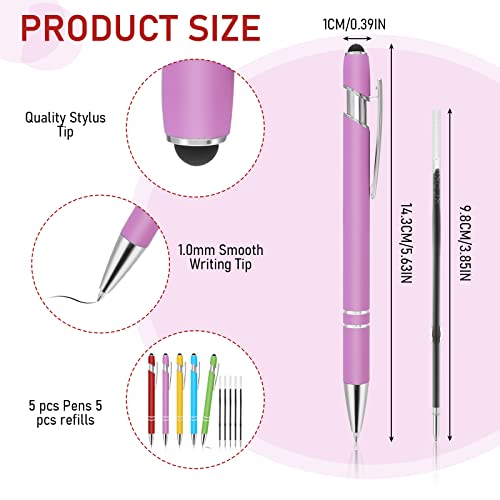 TIESOME5 Pieces Ballpoint Pen with Stylus Tip, Retractable 2 in 1 Stylus Pens Stylish Pen with 10 Refills, Metal Stylus Pen for Touch Screens, 1.0 mm Black Ink Ball Point Pens (Multicolor)