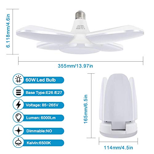 fesnne LED Garage Light, 60W Deformable LED Garage Ceiling Lights, LED Shop Light 6500K Daylight White with 4 Adjustable Panels, LED Shop Lights for Garage Warehouse, Workshop, Basement (1 Pack)