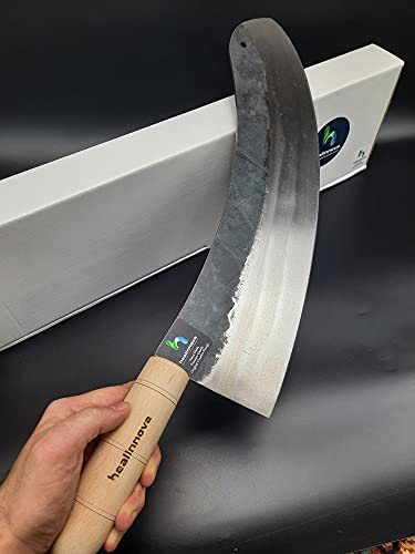 Healinnova Carbon Steel Handmade Forged Gourmet Professional Chef Chopping Curved Mincing Knife Kebab Big Blade Kitchen Cleaver - Pizza Cutting Show (15.7 in / 40 cm)