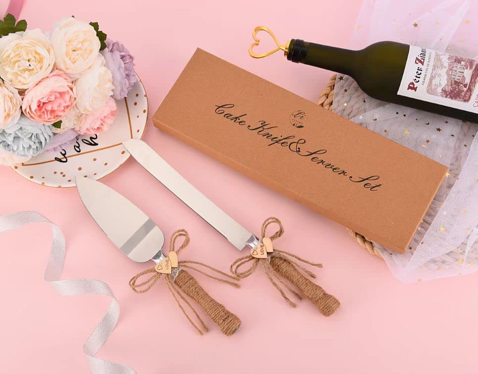 Rustic Wedding Cake Knife and Server Set-ULA Natural Burlap Twine Handle Wood Heart Cutlery for Wedding Gift,Cake Cutting Set for Wedding Rustic Wedding Decor (Burlap)