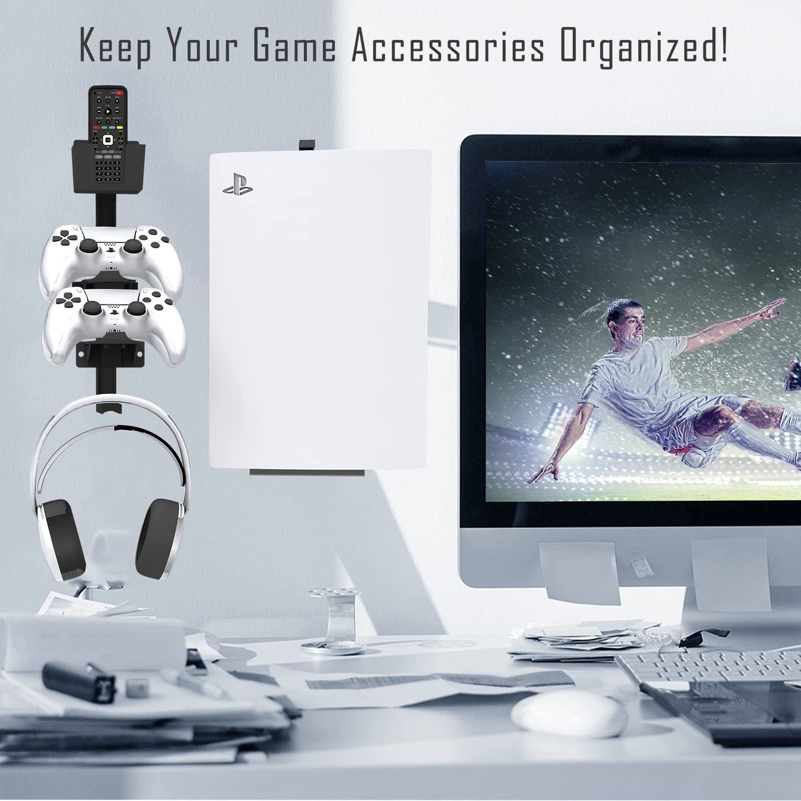 HANAMO Wall Mount for PS5, Mount on Wall Behind TV with Controller Holder Wall Stand Shelf for PlayStation 5 Disc & Digital Edition Wall Hanger for PS5 Accessories