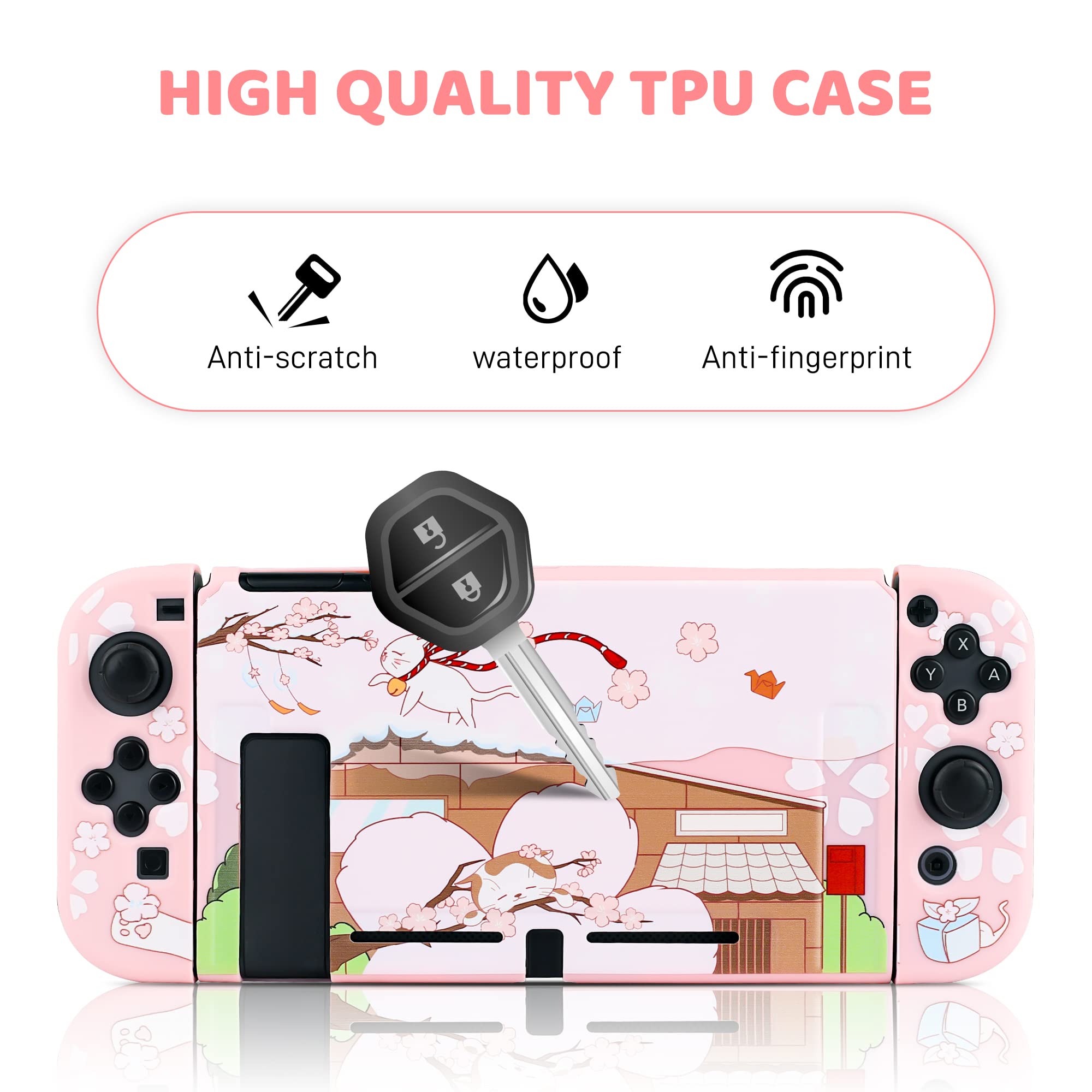 FANPL Pink Cute Case for Nintendo Switch, Soft TPU Protective Case Compatible with Switch Console and Joy Con Controller, Kawaii Switch Skin Accessories for Girls - Sakura Cat Pattern