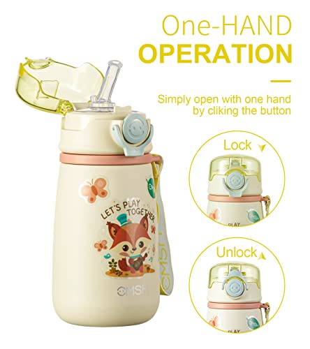 TKK Kids Insulated Water Bottle 16 oz Double Wall Vacuum Stainless Steel Thermos with Leak Proof Straw Lid & Strap Handle & Sticker (Yellow)