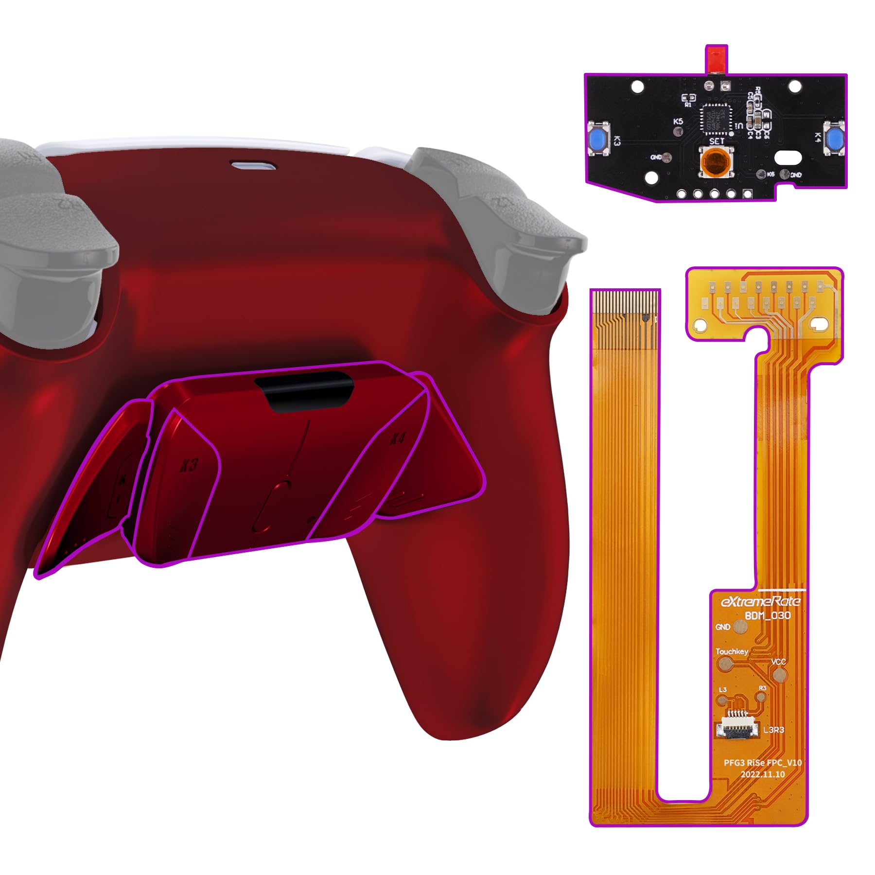 eXtremeRate Scarlet Red Programable RISE4 Remap Kit for PS5 Controller BDM-030 040, Upgrade Board & Redesigned Back Shell & 4 Back Buttons for PS5 Controller - Controller NOT Included