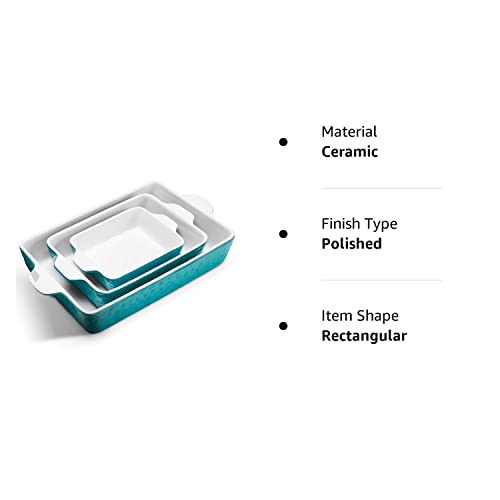 IPOW 3 Pack Casserole Dish Bakeware Set [Large&Deep], Ceramic Baking Dishes for Oven, to Table Plate Pan for Lasagna&Chicken Baking Cooking, Gift for wedding Party, Turquoise