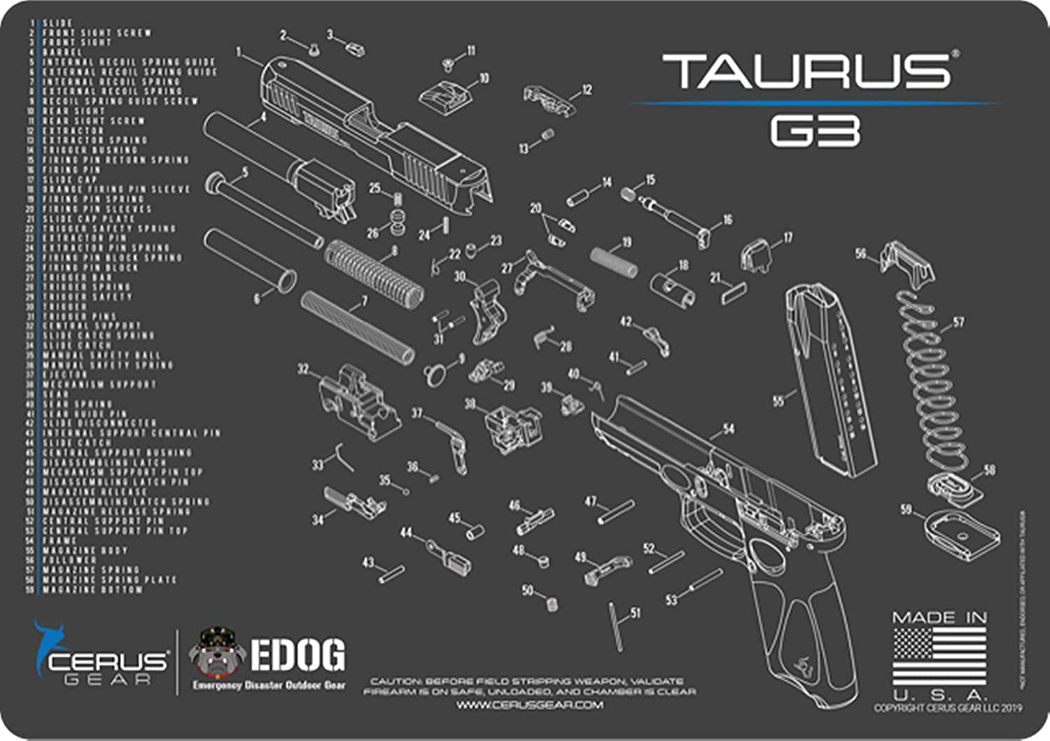 EDOG G3 Gun Cleaning Mat - Schematic (Exploded View) Diagram Compatible with Taurus G3 Series Pistol 3 mm Padded Pad Protect Your Firearm Magazines Bench Surfaces Gun Oil Solvent Resistant