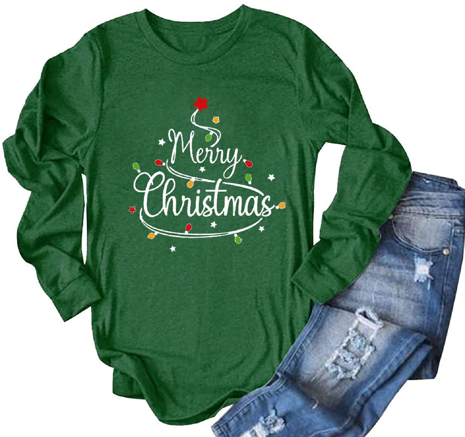 FASHGL Christmas Shirt Women Merry and Bright Pullover Christmas Lights Graphic T Shirts Xmas Long Sleeves Tops Green