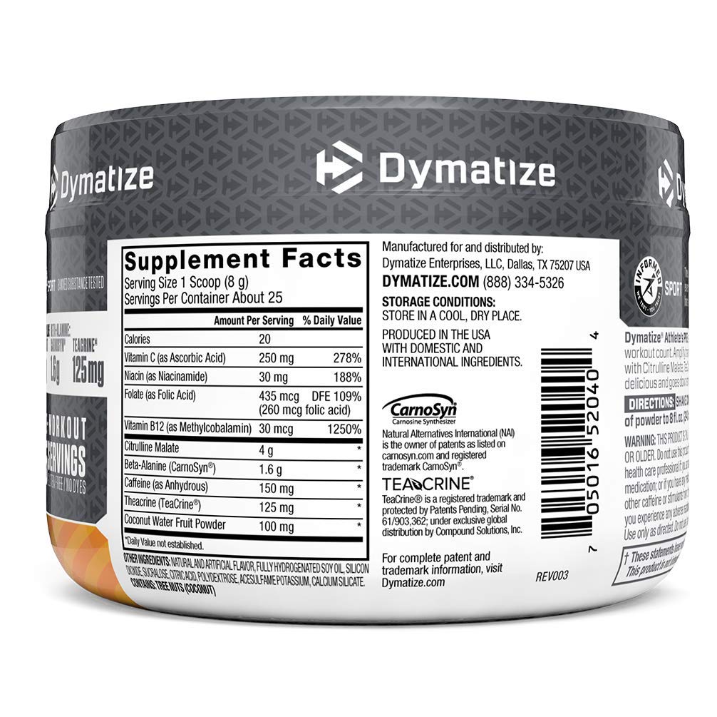 Dymatize Athlete's Pre Workout Powder with Caffeine, Improved Pump & Energy, Low Calorie and No Sugar & Carbs, Orange Pineapple, 25 Servings
