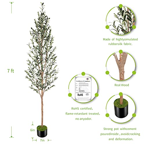 OXLLXO 7ft Artificial Olive Tree (82in) Tall Fake Potted Olive Silk Tree with Planter Large Faux Olive Branches and Fruits Artificial Tree for Office Living Room Home Floor Decor (Indoor/Outdoor)