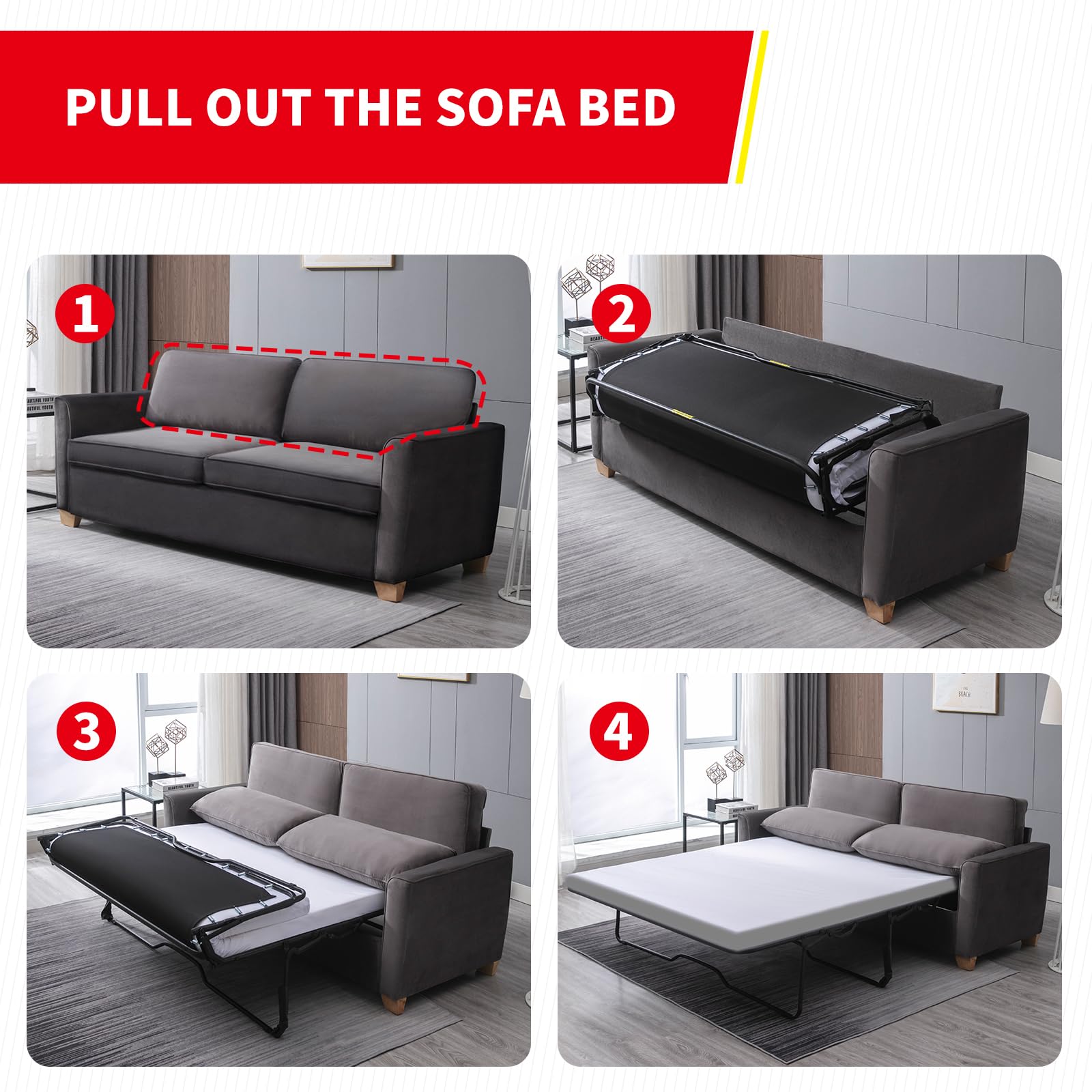 PUREMIND Sleeper Sofa Couch with Pullout Bed, Velvet Full Size Pull Out Sofa Bed with Folding Foam Mattress, 2-in-1 Pull Out Couch Bed Sleeper Loveseat Pull Out Bed for Living Room, Small Spaces