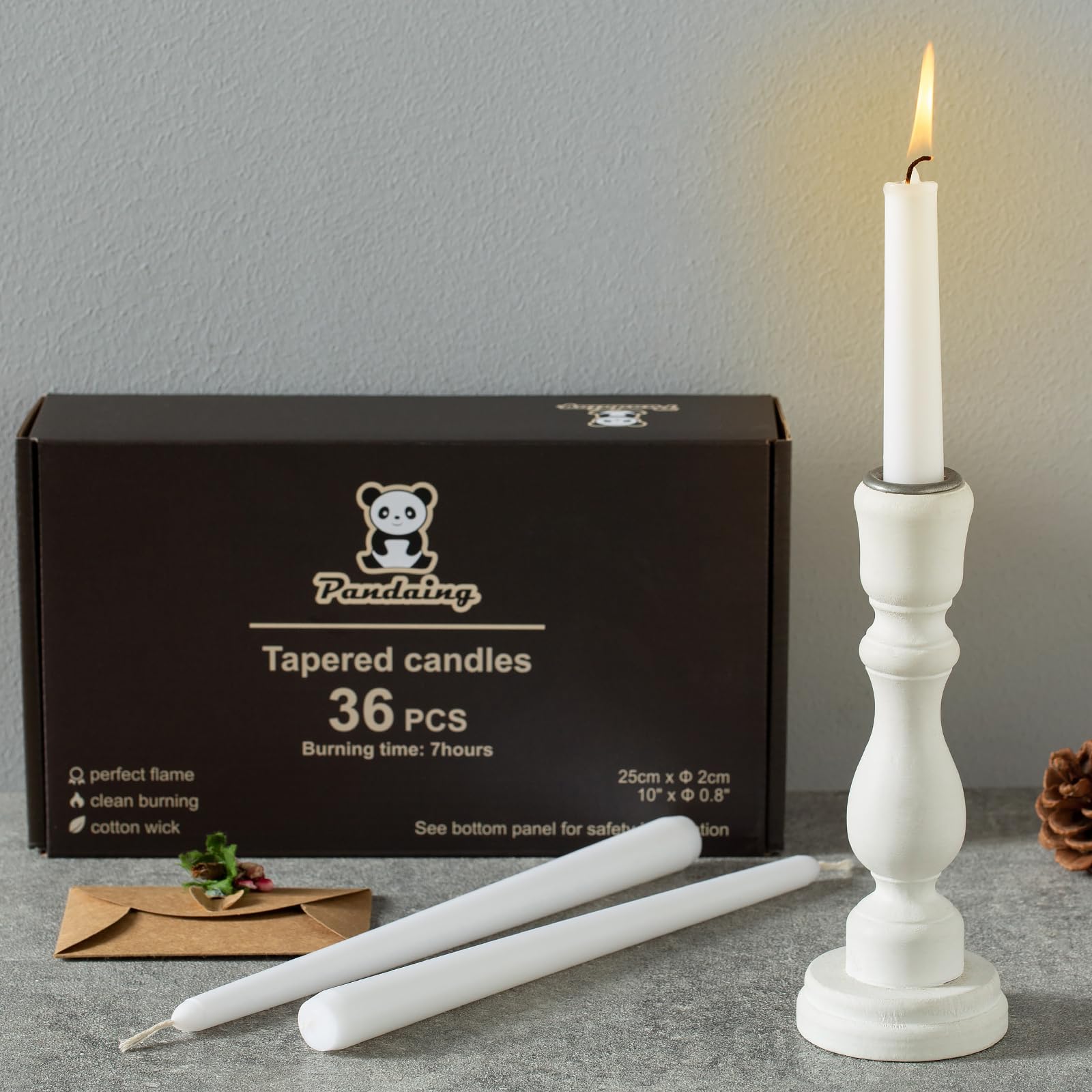 Pandaing 36 Pack White Taper Candles, 7-8 Hours Burn Time, Unscented and Smokeless, 4/5 x 10 Inch Dinner Candle Set for Household, Wedding, Party and Home Décor Candlesticks