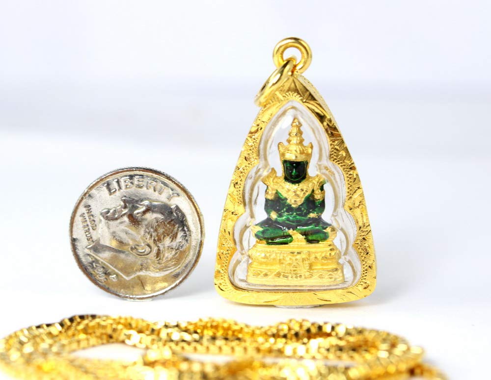 Famous Thai "Emerald" Buddha Amulet Pendant 24k Gold Plated + 18" Chain Necklace