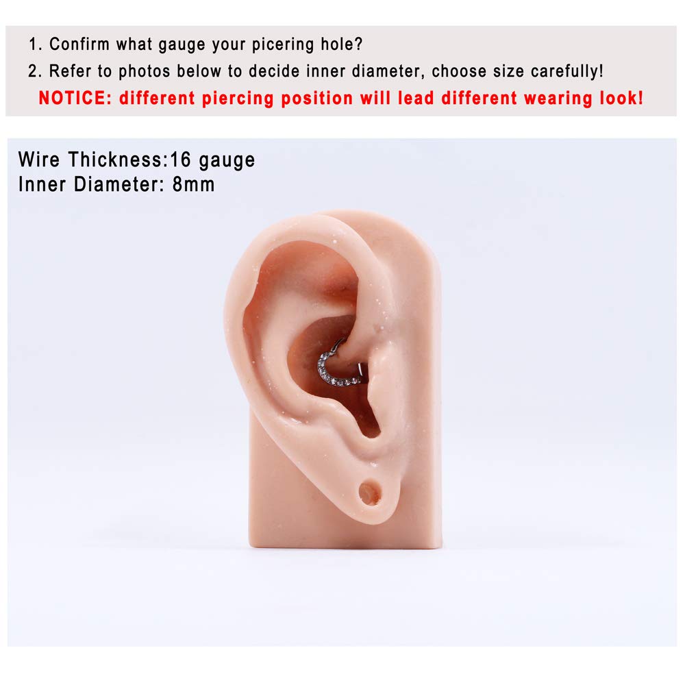 FANSING 16 Gauge Gemmed Daith Earrings Right Ear 8mm Daith Piercing Jewelry Surgical Steel 16g Heart Shaped Hinged Ring Hoop 316L Stainless Steel
