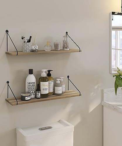 Sapowerntus Long Floating Shelves for Wall Mounted 24 Inch, Rustic Farmhouse Wood Bathroom Hanging Extended Shelf, Bedroom Living Room Kitchen Office Display, Storage Decor Set of 2, Brown