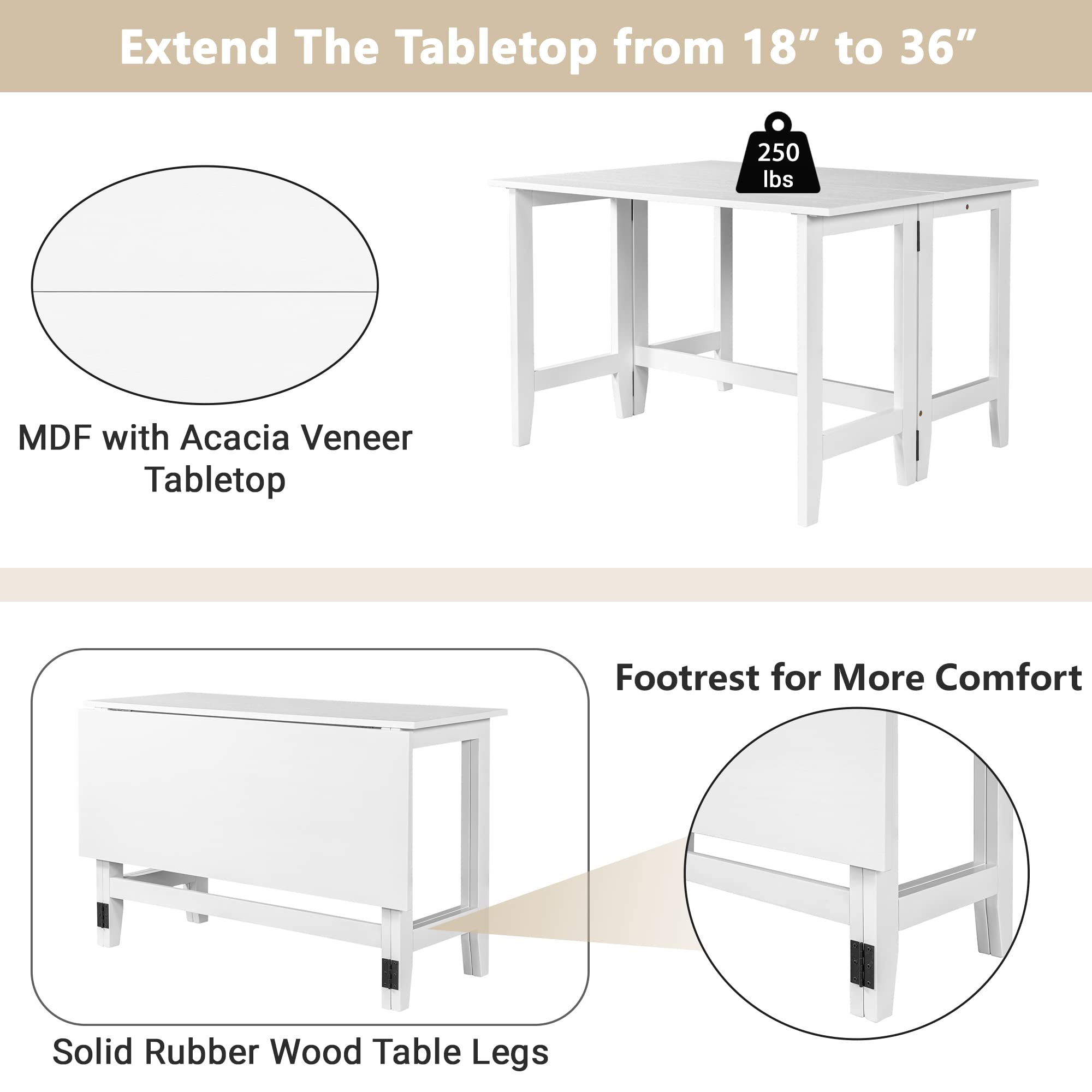 Merax Drop Leaf Dinng Table for Small Spaces, Extendable Space Saving Dining Table, Solid Wood Folding Table from 18" to 36" for Dining Room, Kitchen, Living Room, White