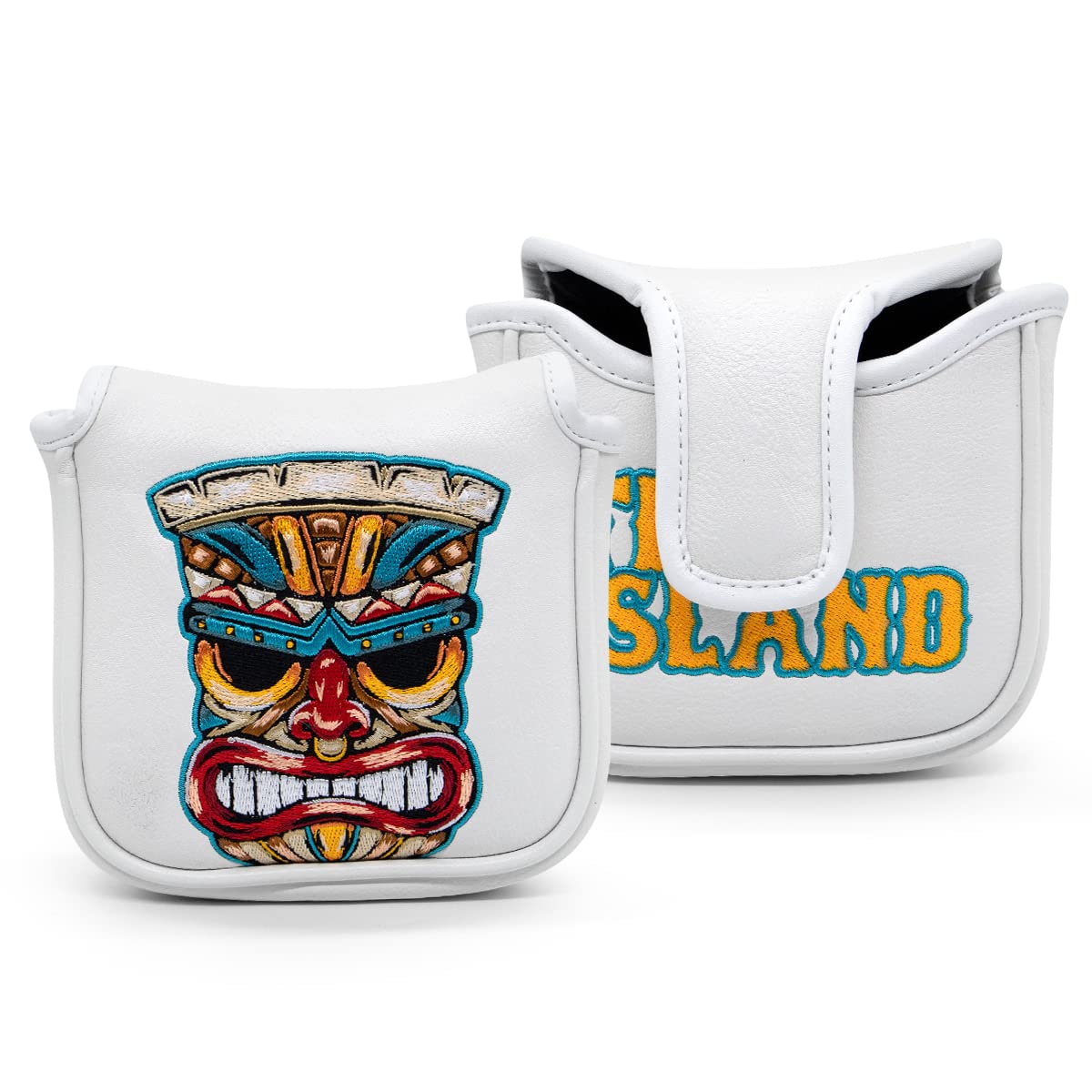Golf Square Heel Shaft Mallet Putter Cover Headcover, Demon Mask Design Magnetic Closure Elegant Embroidery Premium Leather Headcovers