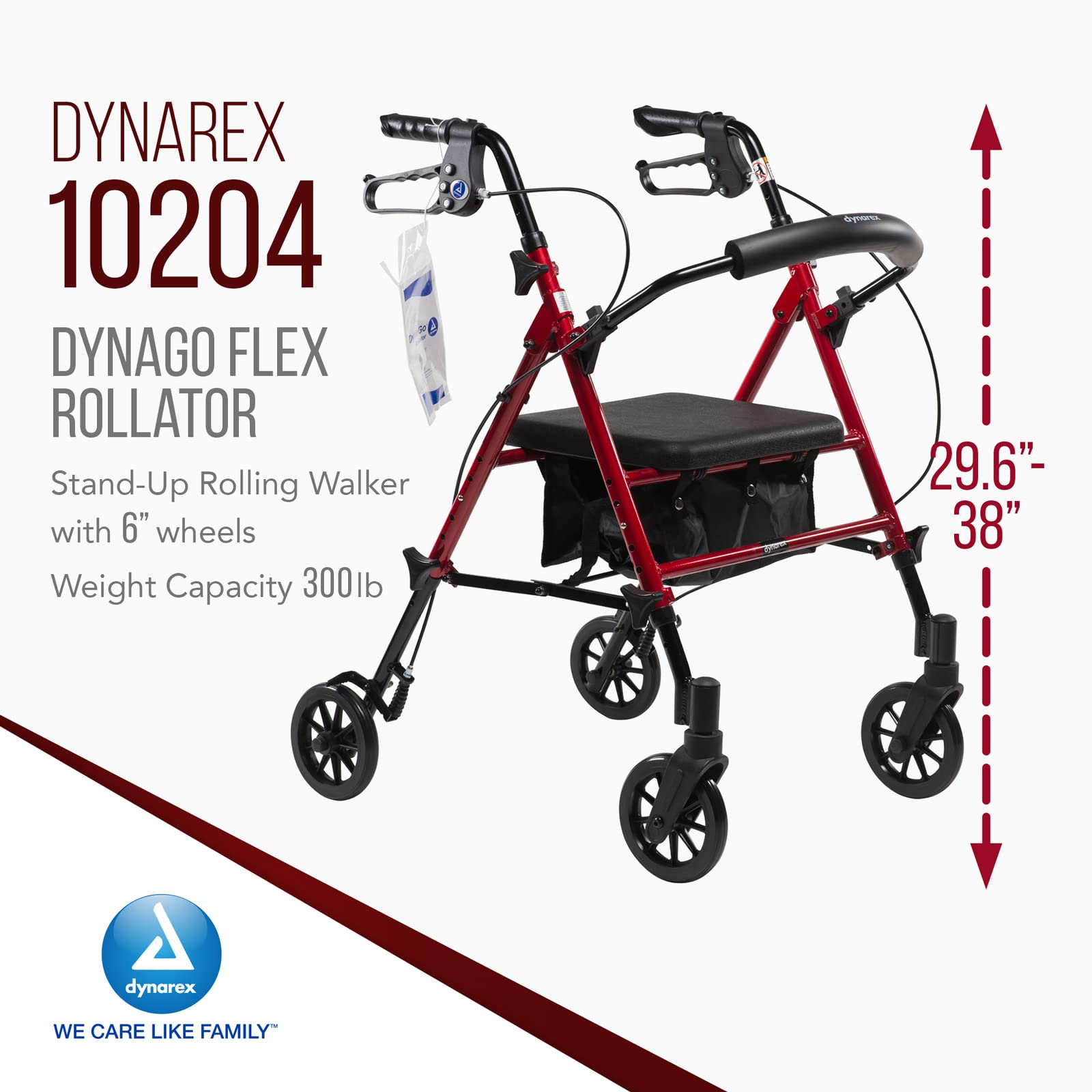 Dynarex DynaGo Flex Rollator - Foldable, Portable, Stand-Up Rolling Walker - 6β Wheels, Adjustable Seat Height & 300 lb. Weight Capacity, Red Frame, 1 Rollator