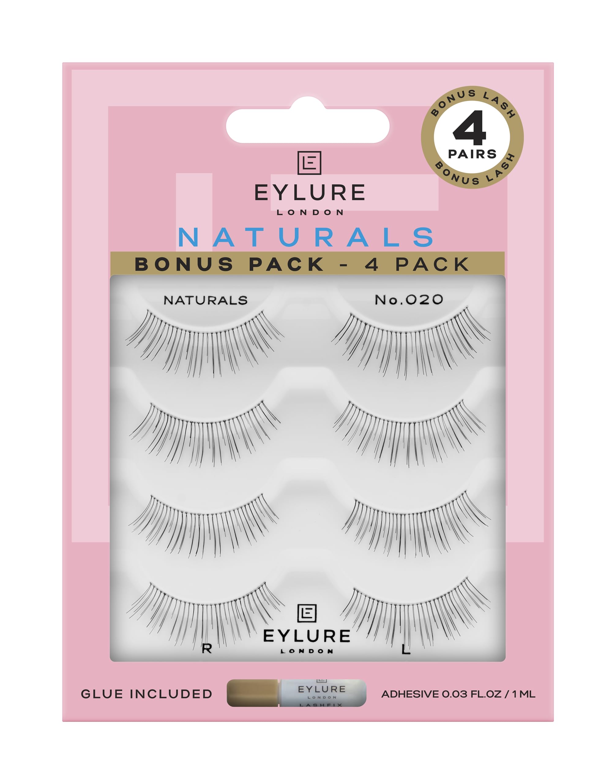 Eylure Naturals No. 020 Reusable Eyelashes, Adhesive Included, Black, 4 Pairs