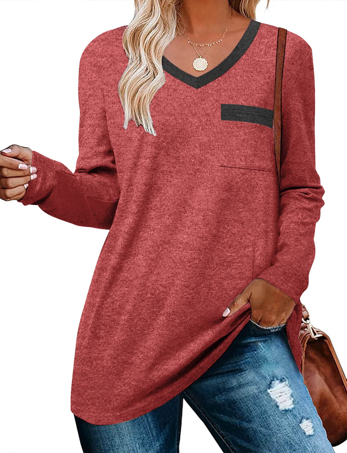 Grace's Secret Womens Sweaters Lightweight Soft Warm Sweatshirt Long Sleeve V Neck Shirts with Pockets,Red,M