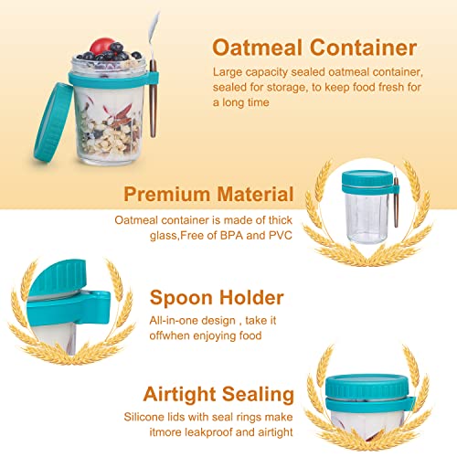 Overnight Oats Jars with Lid and Spoon Set of 2,10 oz Multiple Use Large Capacity Airtight Seal Oatmeal Container with Measurement Marks, Mason Jars with Lid, Grey and Turquoise