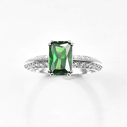 Empsoul 925 Sterling Silver Solitaire Ring Baguette Cut Green Emerald Quartz Wedding Engagement Ring for Women Size 7