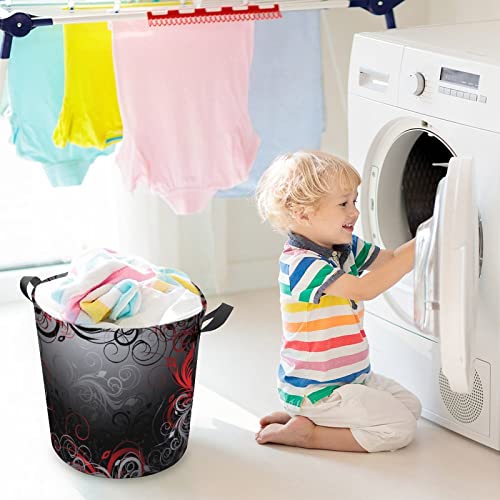 Oyihfvs Red Black Grey Floral Leaf Swirl Abstract Background Collapsible Waterproof Laundry Hamper with Handles, Tall Washing Storage Large Organizer Round Basket Bin for Toys Clothes