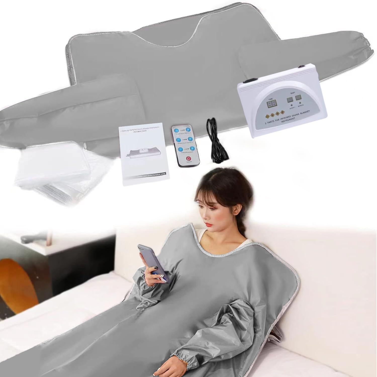 JKIUI Infrared Sauna Blanket Fast Sweating Body Shape Upgraded Hand Stretch Design Professional Infrared Sauna Blanket with Sleeves Heat Detox for Body Relaxation at Home Use Women Men Silver