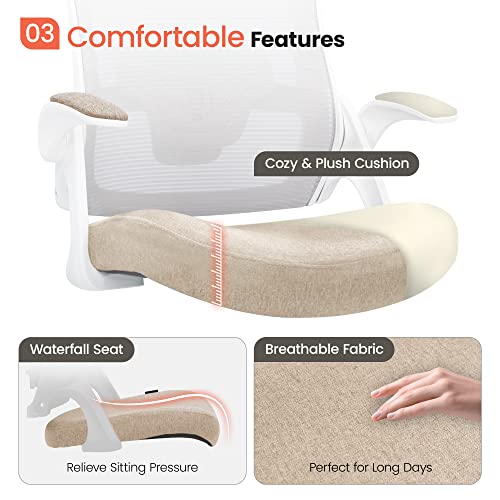 NEO CHAIR Office High Back Mesh Headrest Adjustable Height and Ergonomic Design Home Office Computer Desk Executive Lumbar Support Padded Flip-up Armrest Swivel (Beige)