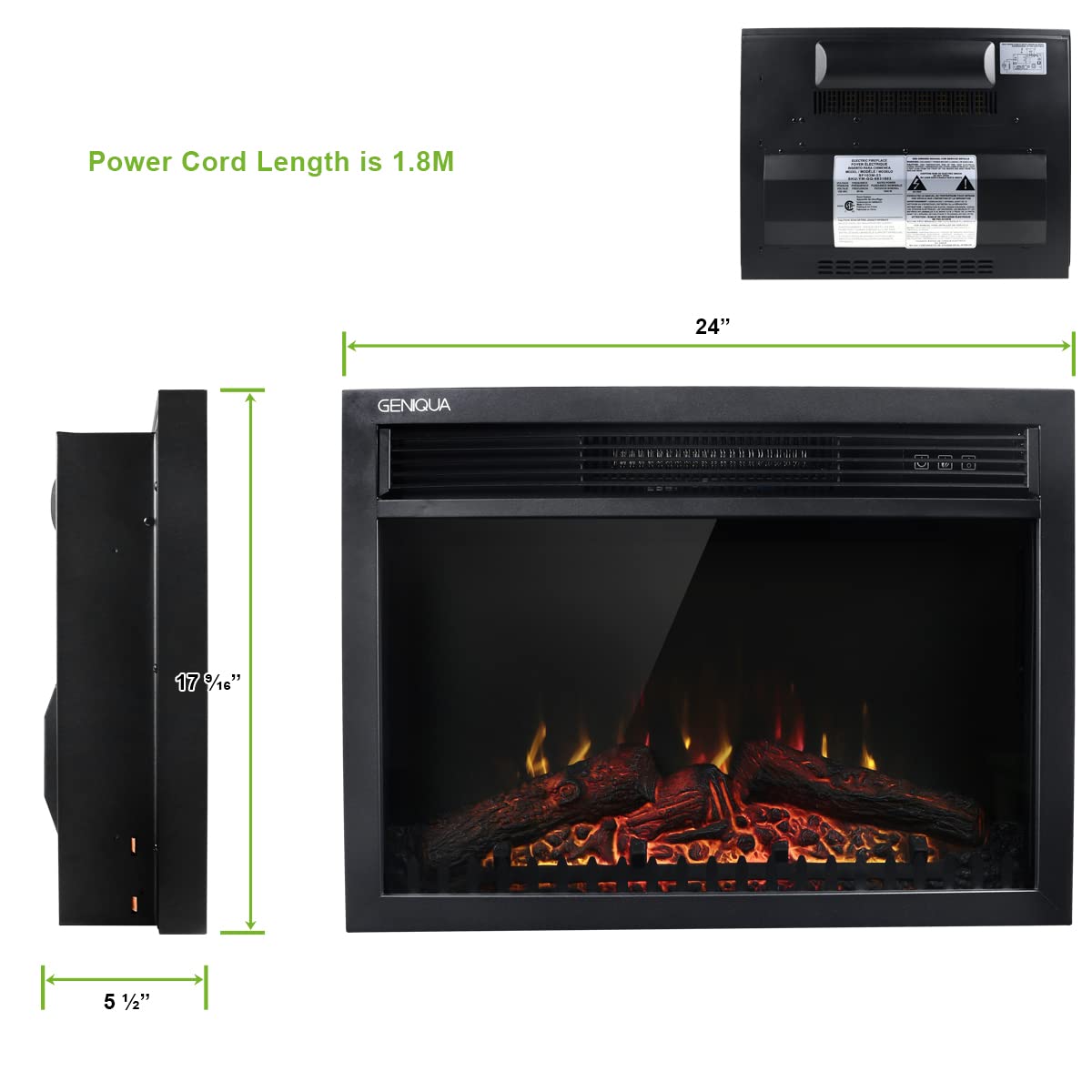 Geniqua 23" Freestanding Wall Mounted Electric Fireplace Insert Heater 1400W Log LED Flame Remote Adjustable Heat Recessed Stove Indoor Warm
