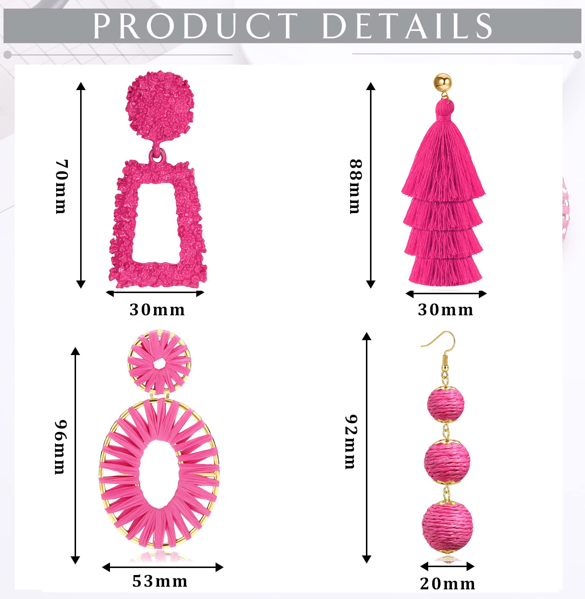 Fansilver Statement Earrings Drop Raffia Earrings Dangle Geometric Earrings Boho Long Tassel Earrings Hot Pink Earrings for Women