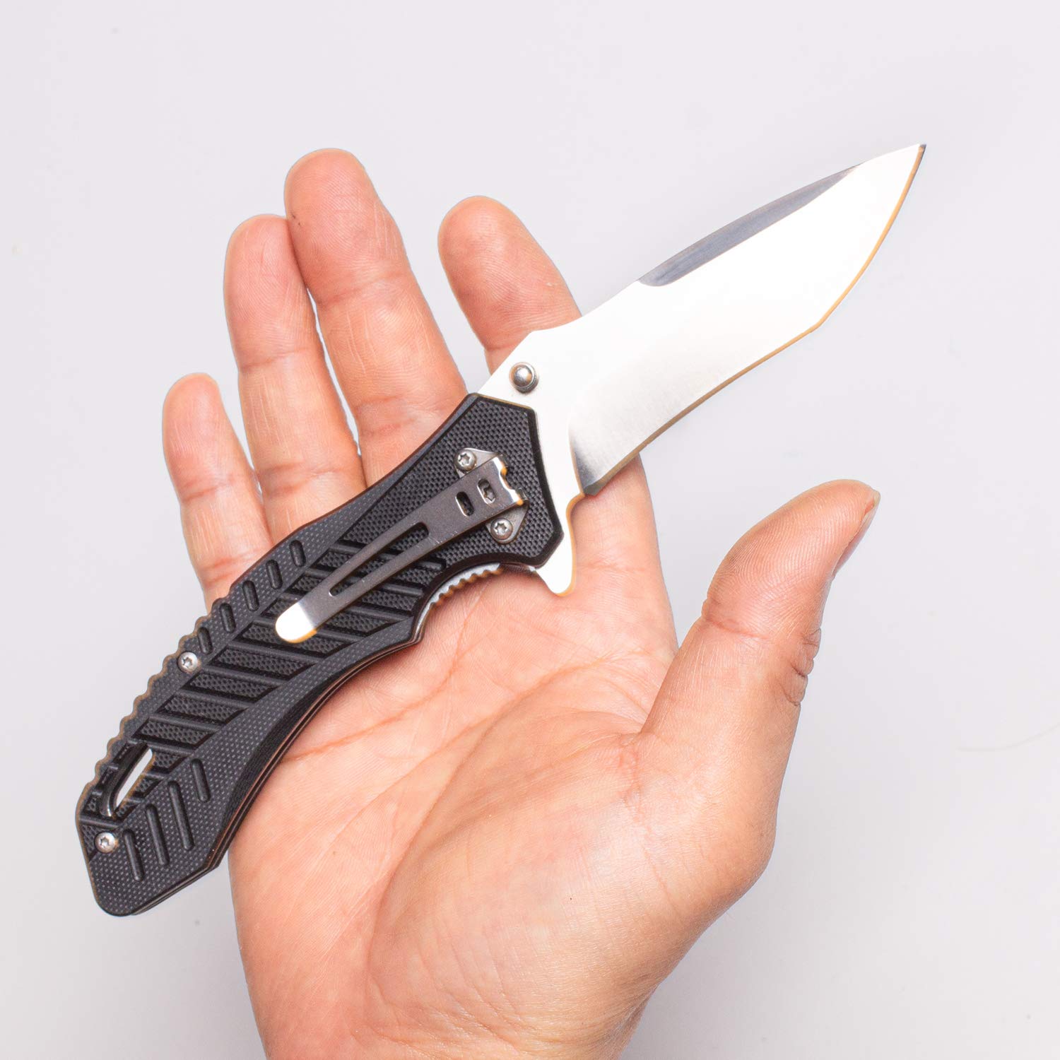 EDC Folding Pocket Knife, Tactial Hunting Knife with GF Handle and Hanging Hole, Outdoor Hunting Camping Acessories with Pocket Clip