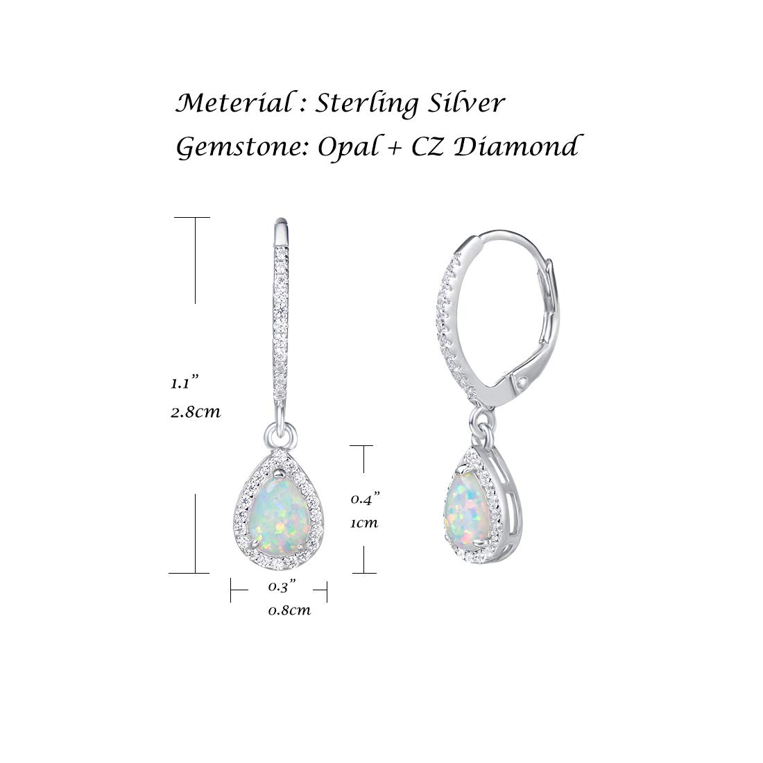 FANCIME Opal Earrings October Birthstone Earrings Sterling Silver Created Fire Opal Halo Cubic Zirconia Leverback French Back Teardrop Earrings Fine Jewelry for Women