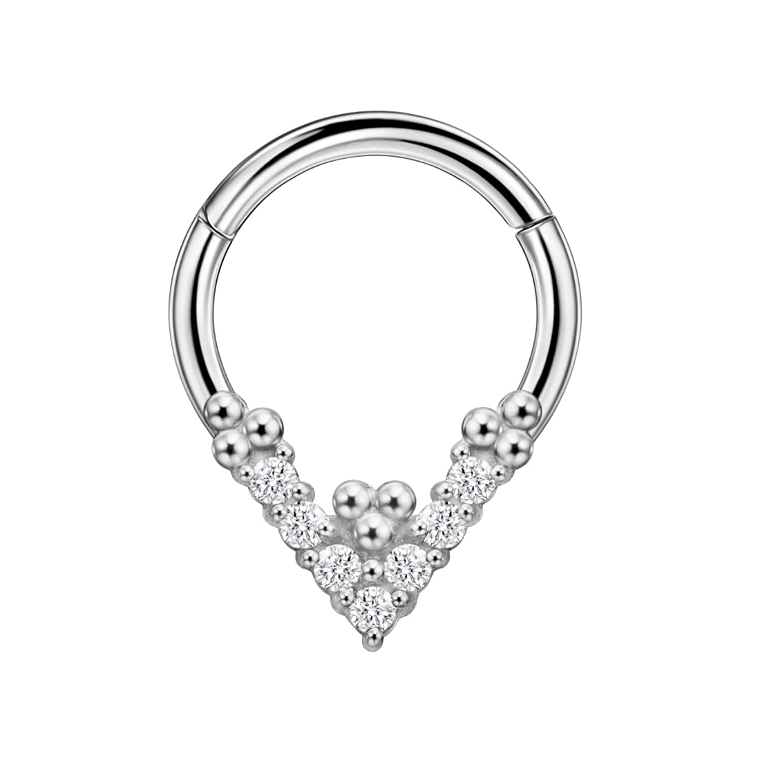 FANSING Surgical Steel Septum Jewelry 16g Septum Rings for Women Prong Set CZ Teardrop Septum Clicker Silver Septum Ring 16 Gauge 8mm Beaded Daith Piercing Jewelry Triangle Septum Ring